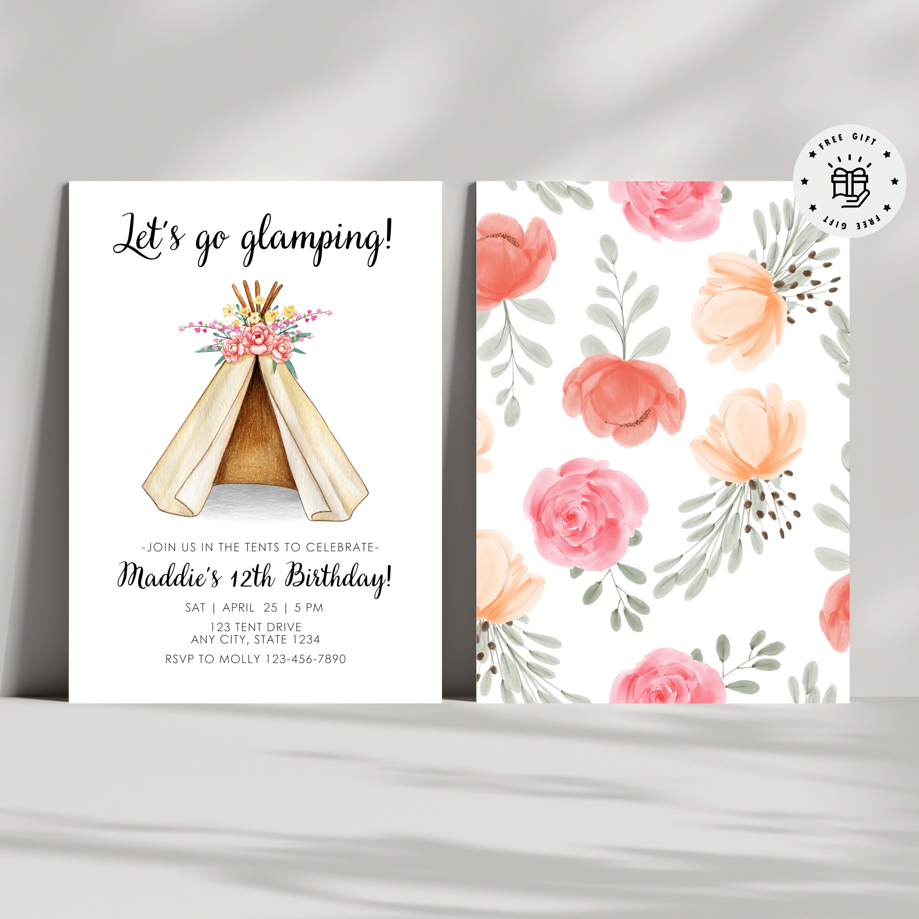 Glamping Party Invitation, Glamping Birthday Party, Minimalistic Glamping Invitation, Editable ...