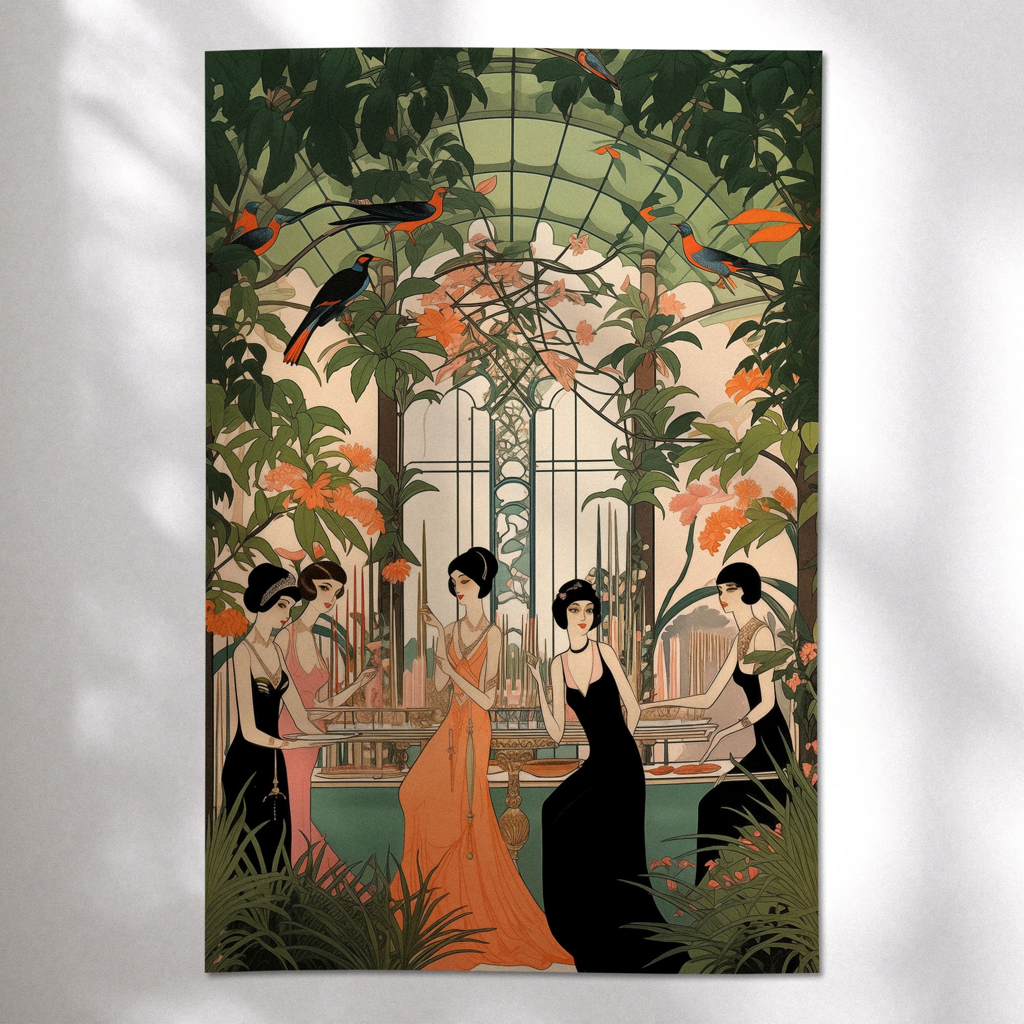 1920s Hand Drawn Art Print Flapper Cocktail Party Tropical Birds Green ...