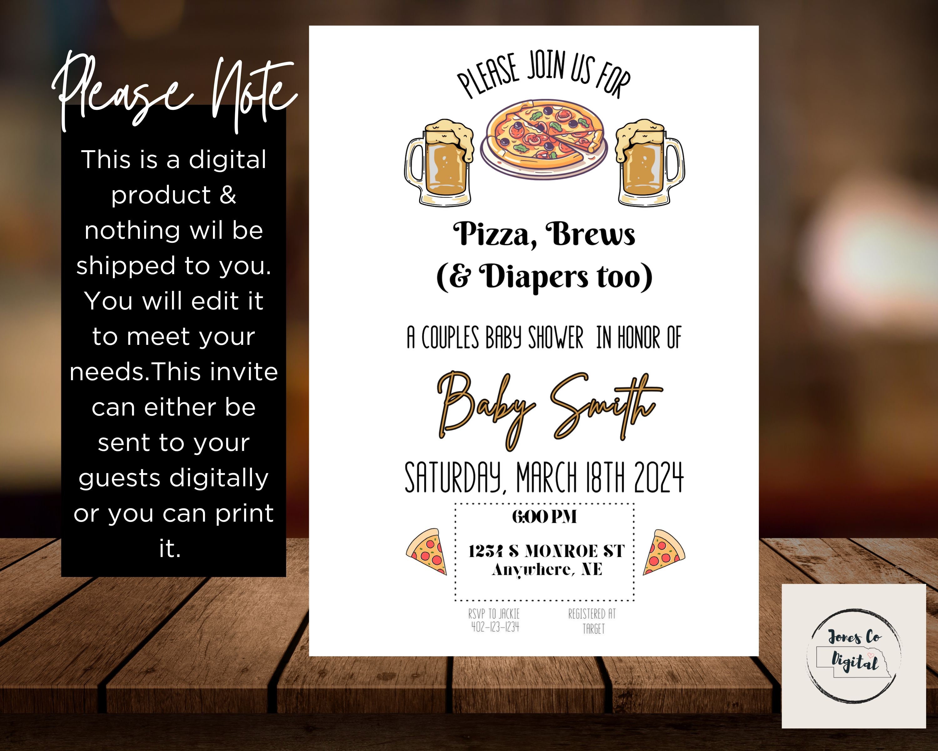 Pizza, Brews & Diapers Too Baby Shower Invite : Digital/editable ...