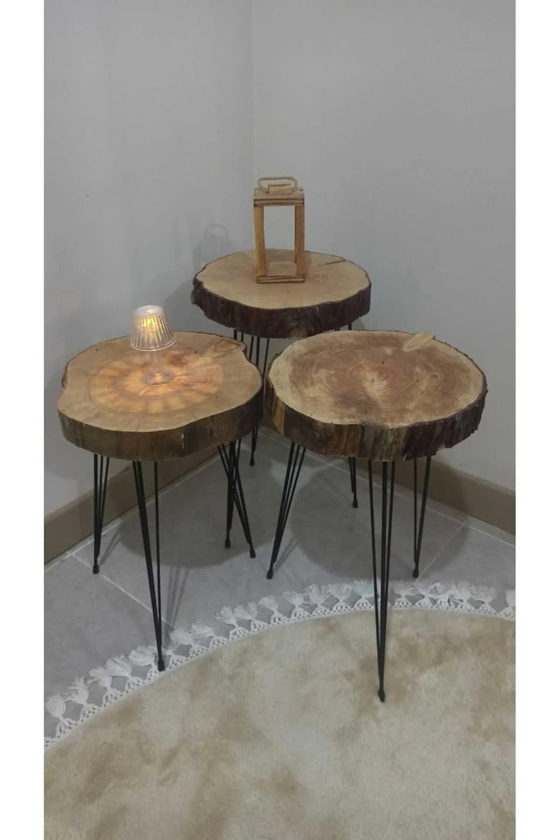 Three-piece Log Nesting Table Made of Natural Wood With a Metal Leg ...