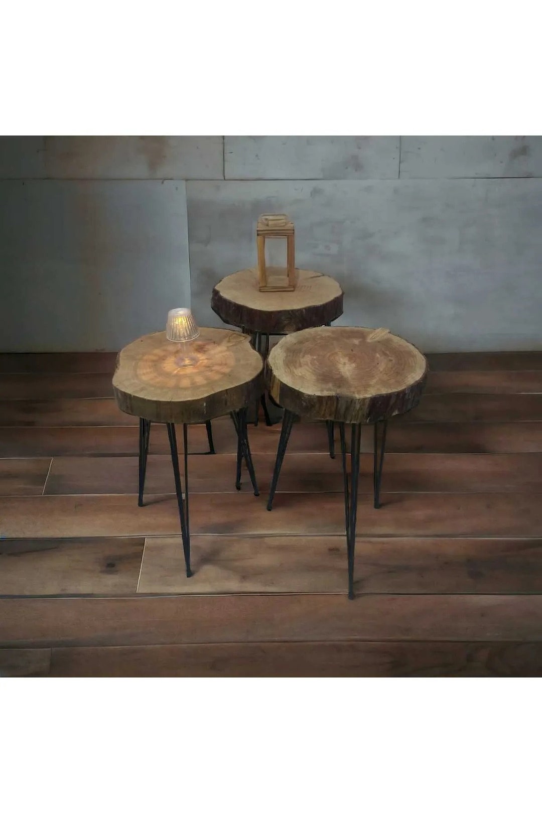 Three-piece Log Nesting Table Made of Natural Wood With a Metal Leg ...