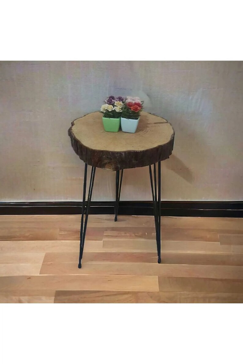Three-piece Log Nesting Table Made of Natural Wood With a Metal Leg ...