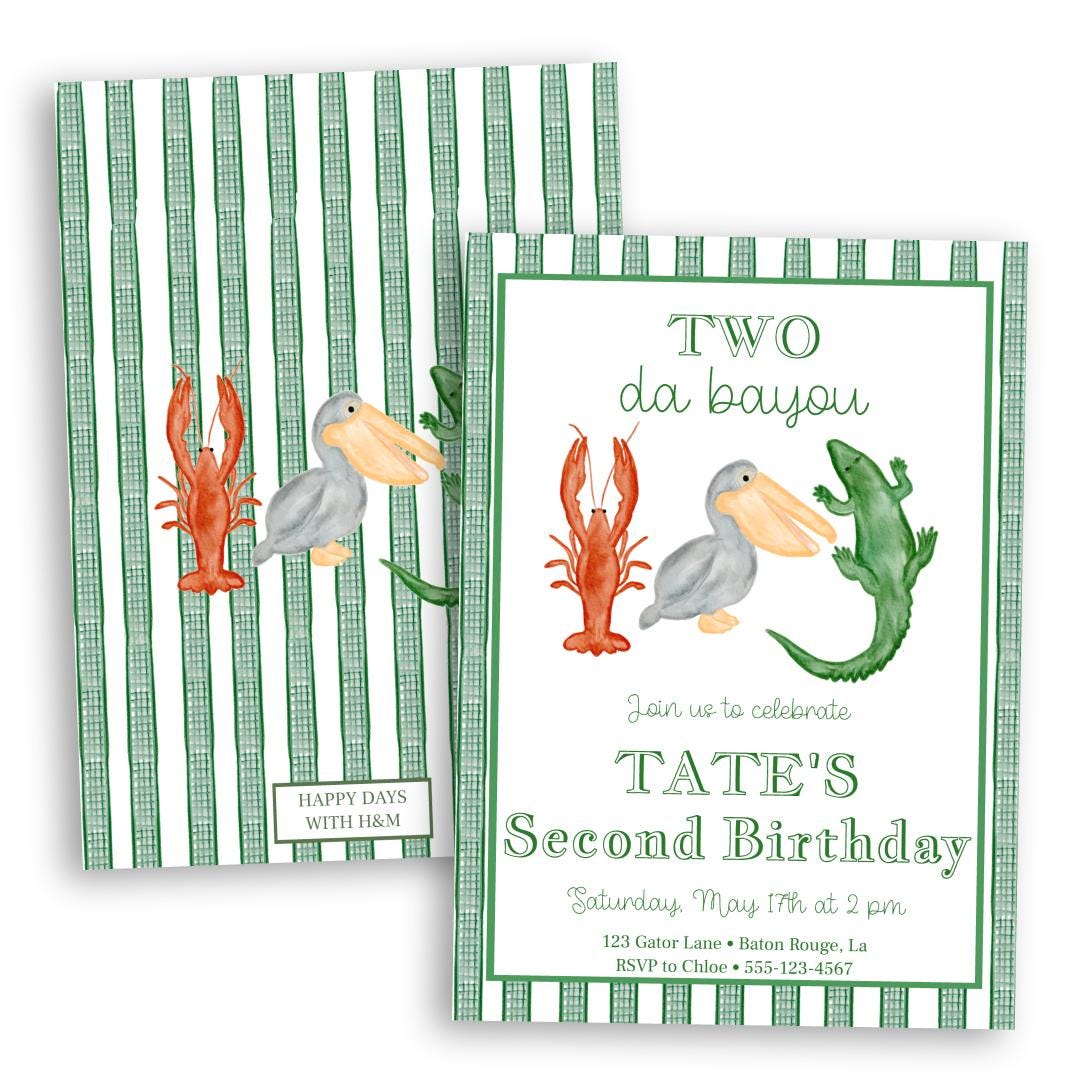 Two Da Bayou Birthday Party Invitation | Alligator | Crawfish | Pelican | Swamp | Digital Invite ...