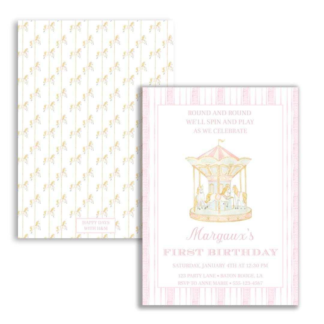 Carousel Birthday Invitation | Watercolor | Girl | Pink | Grandmillennial Style | Pastel ...