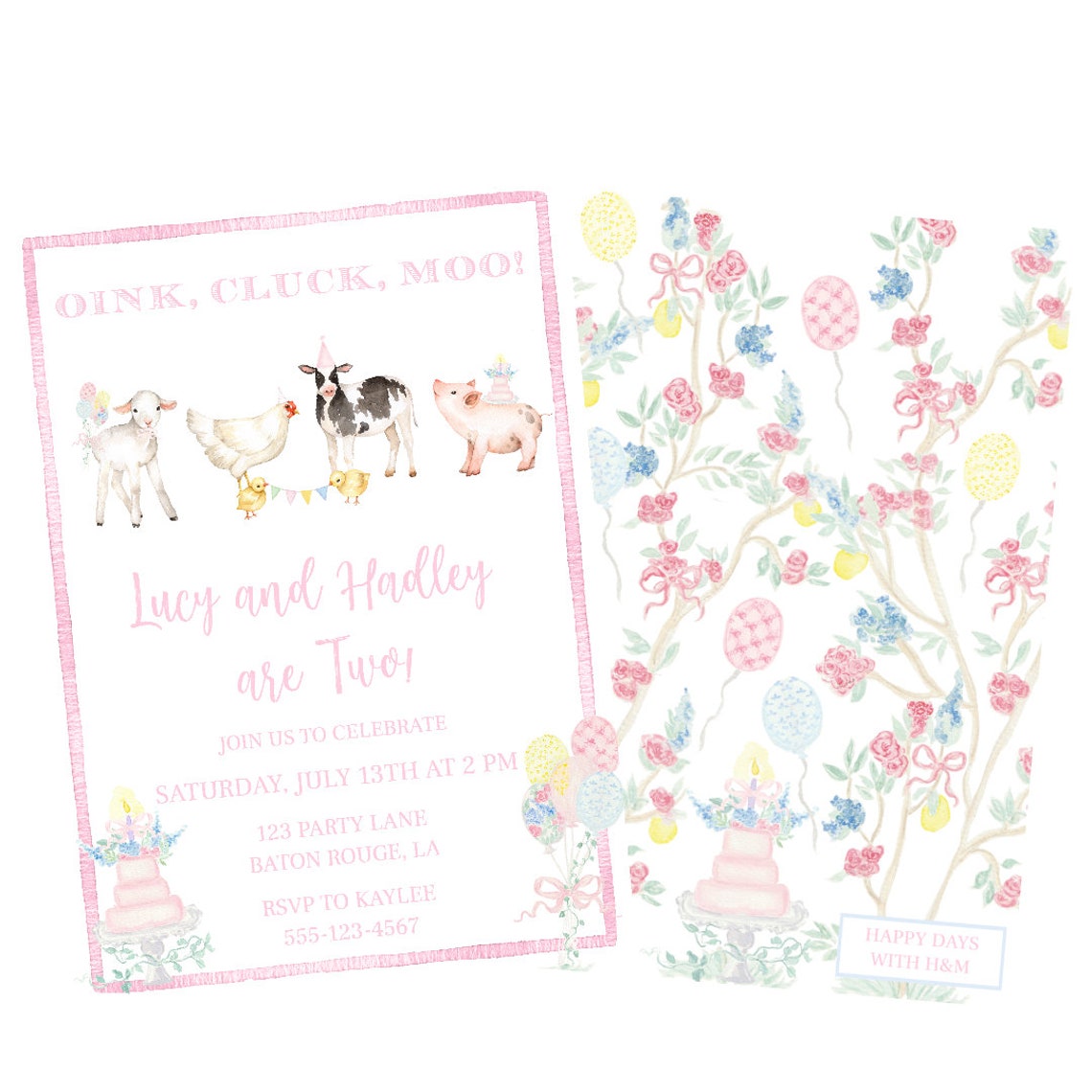 Farm Animals Birthday Invitation | Pink | Girl | Preppy | Watercolor ...