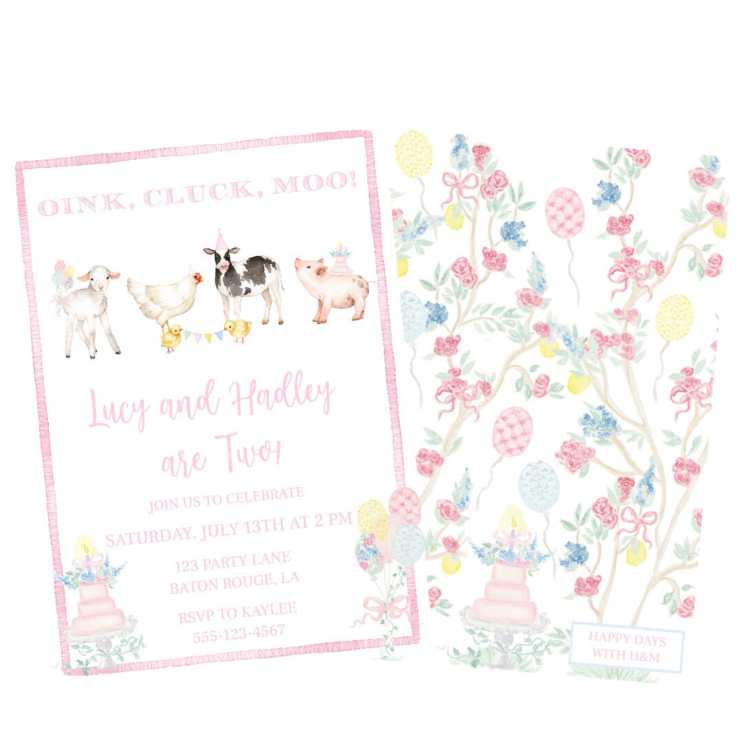 Farm Animals Birthday Invitation | Pink | Girl | Preppy | Watercolor ...