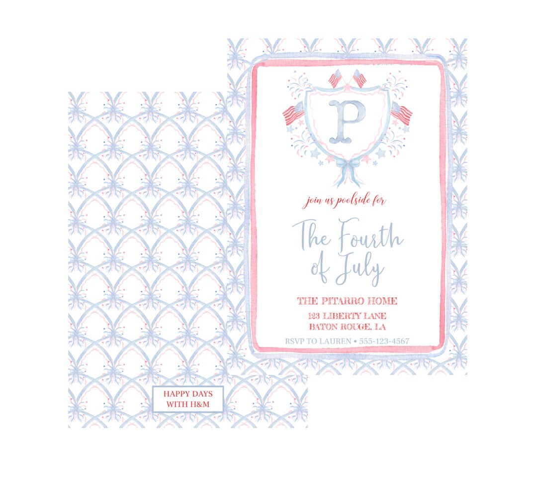 Fourth of July Pool Party Invitation Crest Watercolor Grandmillennial ...