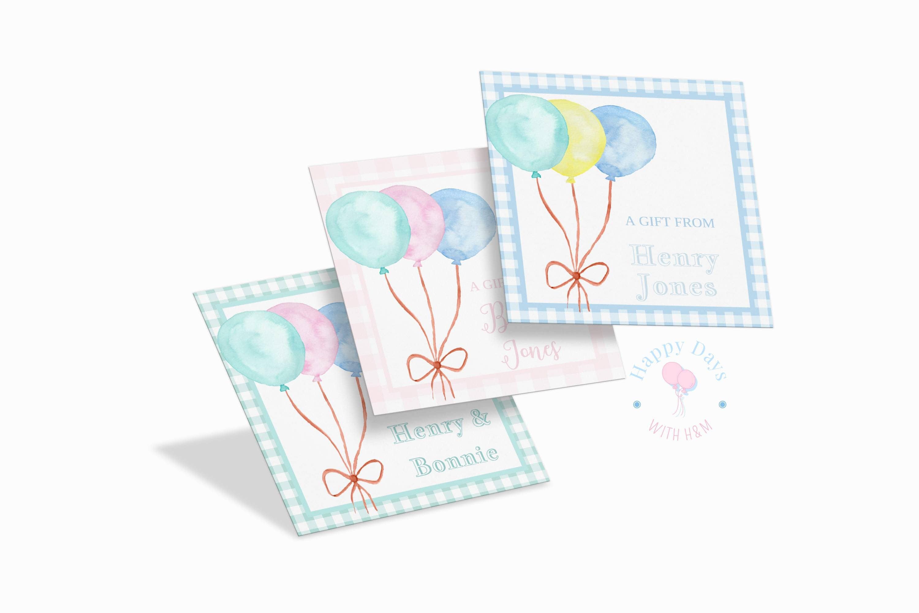 Balloon Birthday Gift Tags Girl Boy Pink Blue Green Enclosure Cards ...