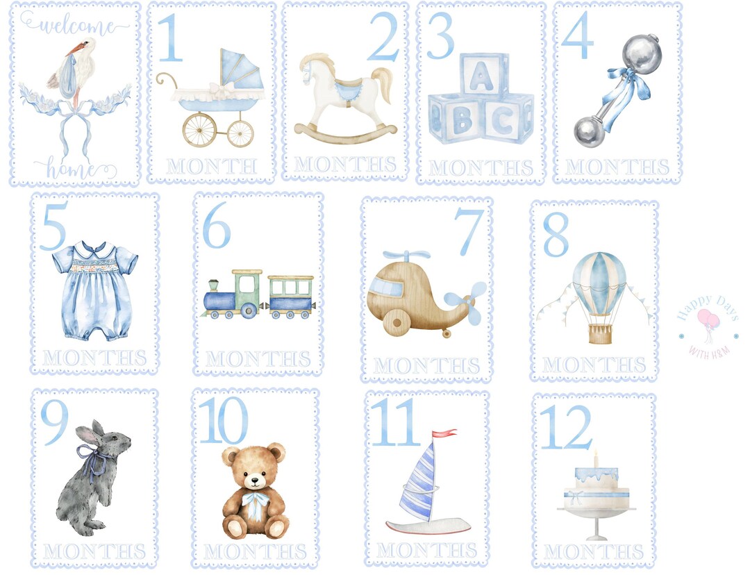 Watercolor Baby Boy Milestone Cards Heirloom Vintage Classic Baby ...