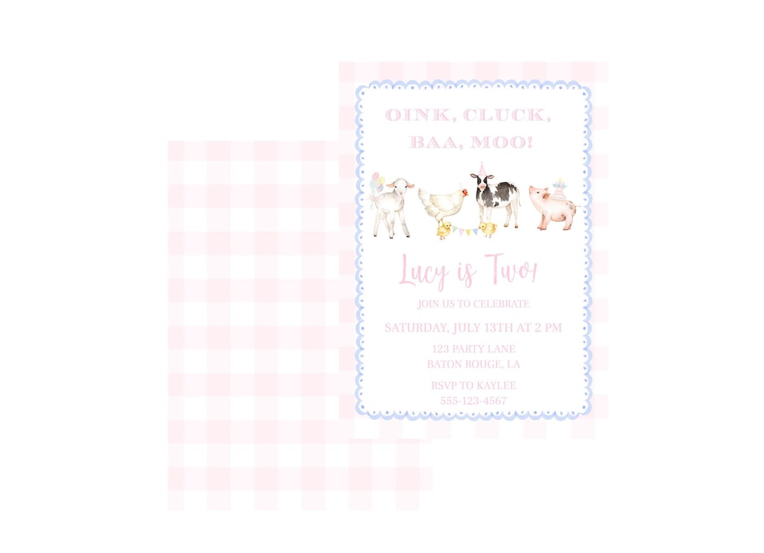 Farm Animals Birthday Invitation | Pink Gingham | Girl | Preppy ...