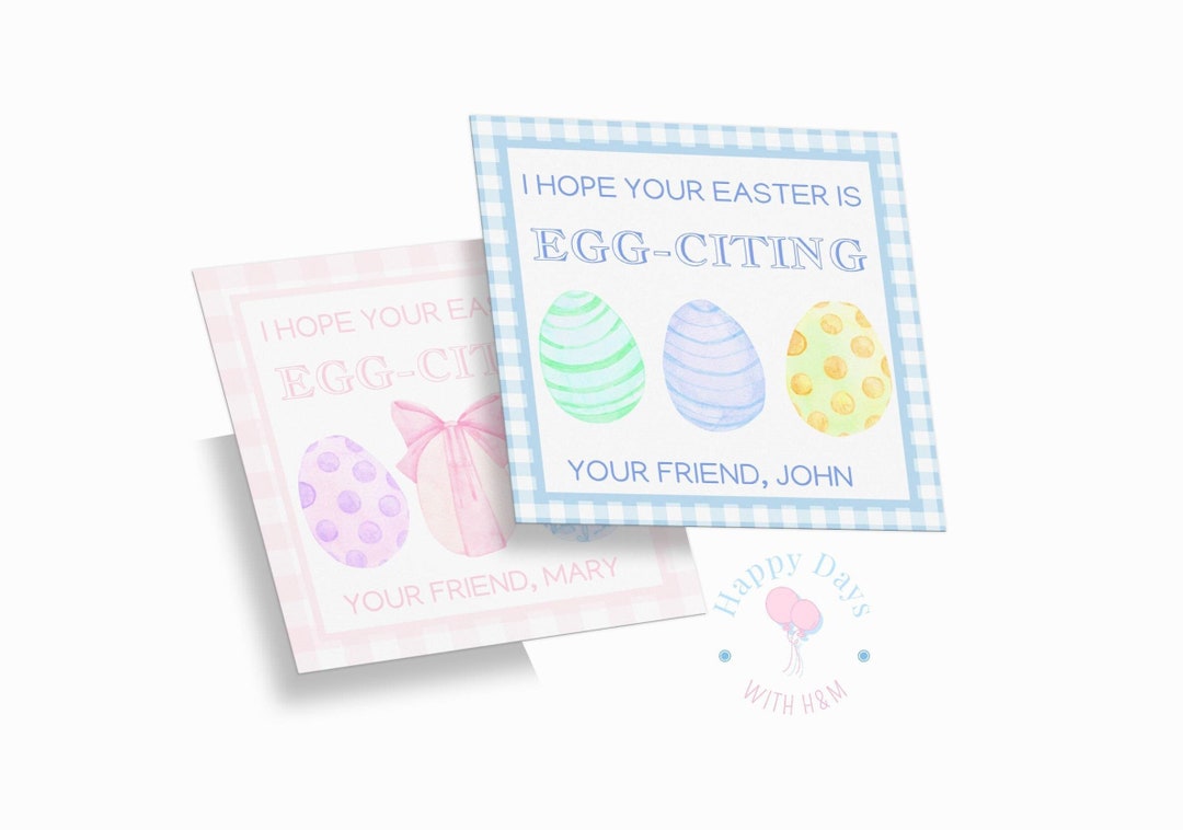 Easter Egg Gift Tags Class Party Favors Egg-citing Watercolor Pink Blue ...