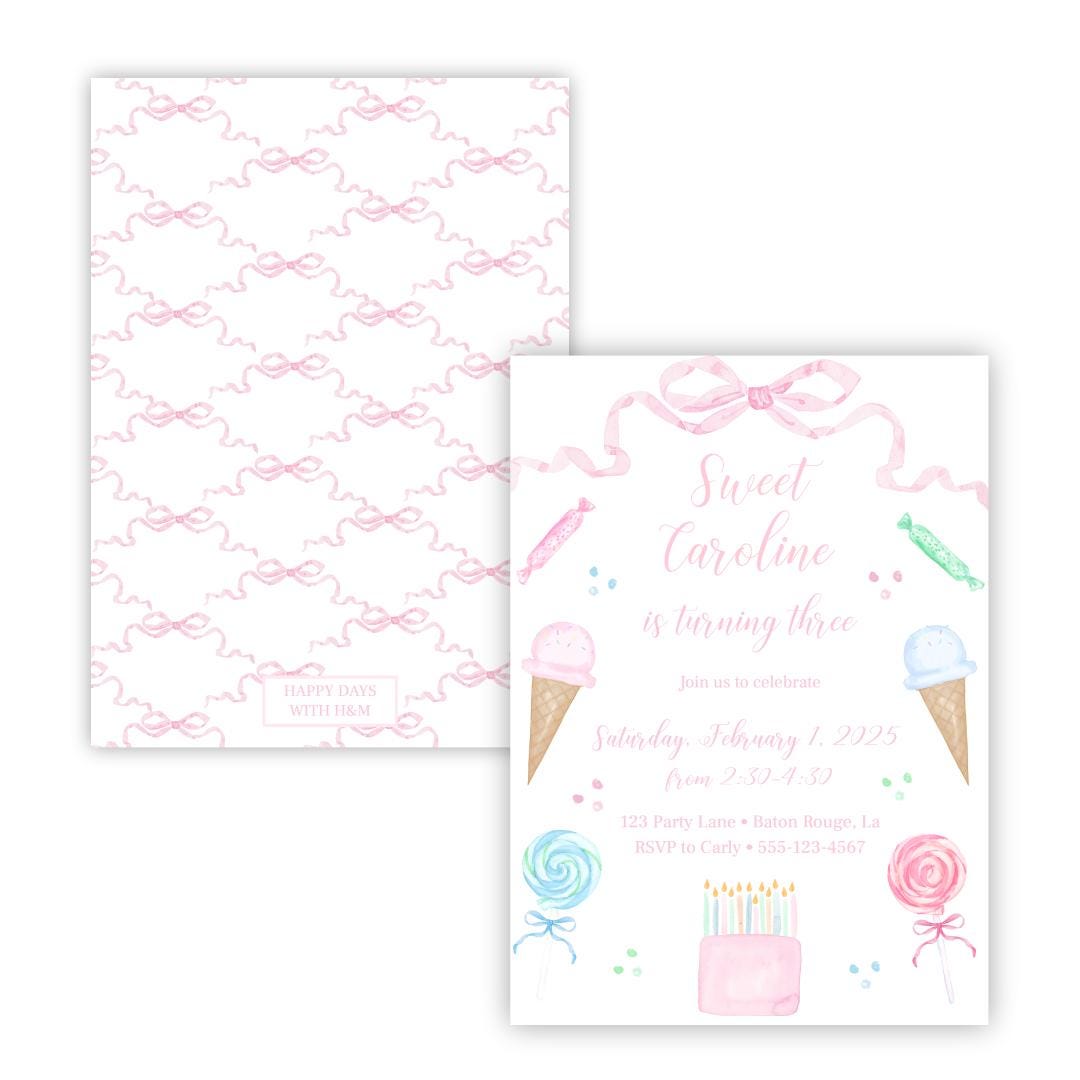 Sweets Birthday Invitation | Pink | Bows | Cake | Candy | Lollipop ...