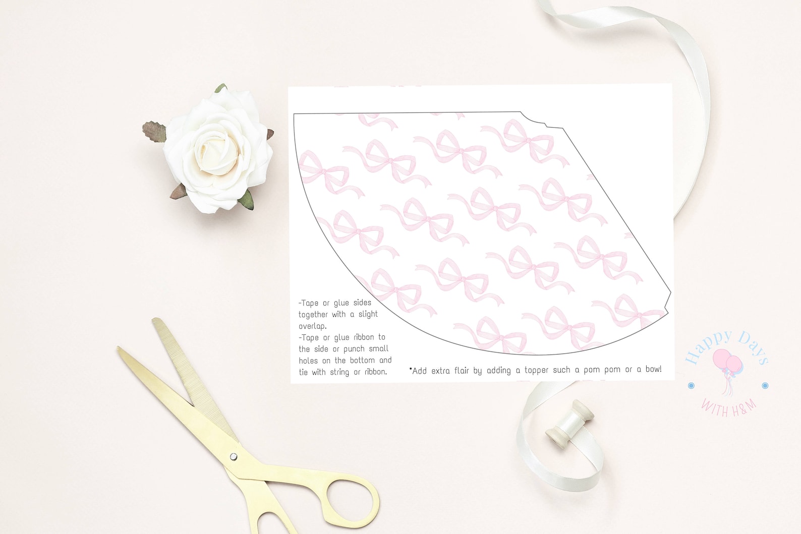 Watercolor Pink Bows Printable Party Hat | Digital Party Decor | Girl ...