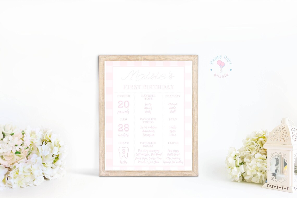 Watercolor Pink Gingham Birthday Milestone Sign Poster Editable ...