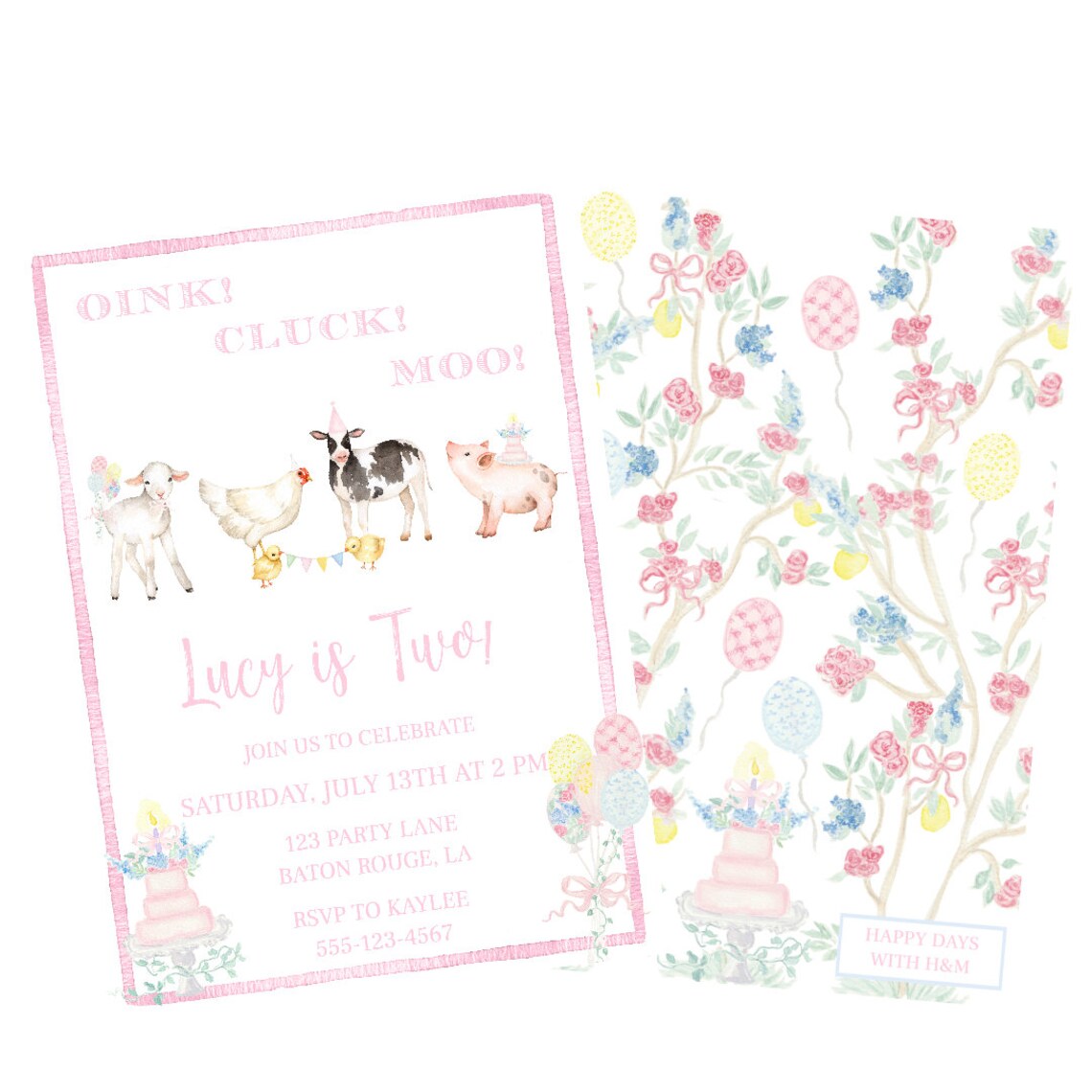 Farm Animals Birthday Invitation | Pink | Girl | Preppy | Watercolor ...