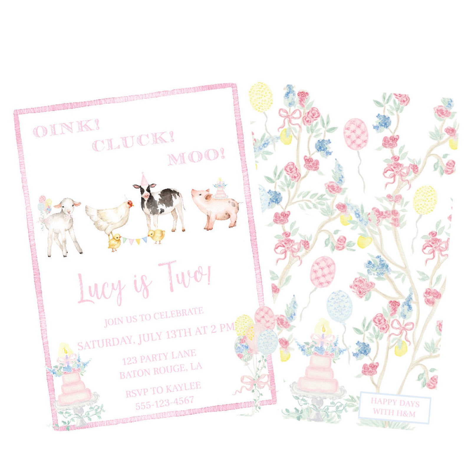 Farm Animals Birthday Invitation | Pink | Girl | Preppy | Watercolor ...