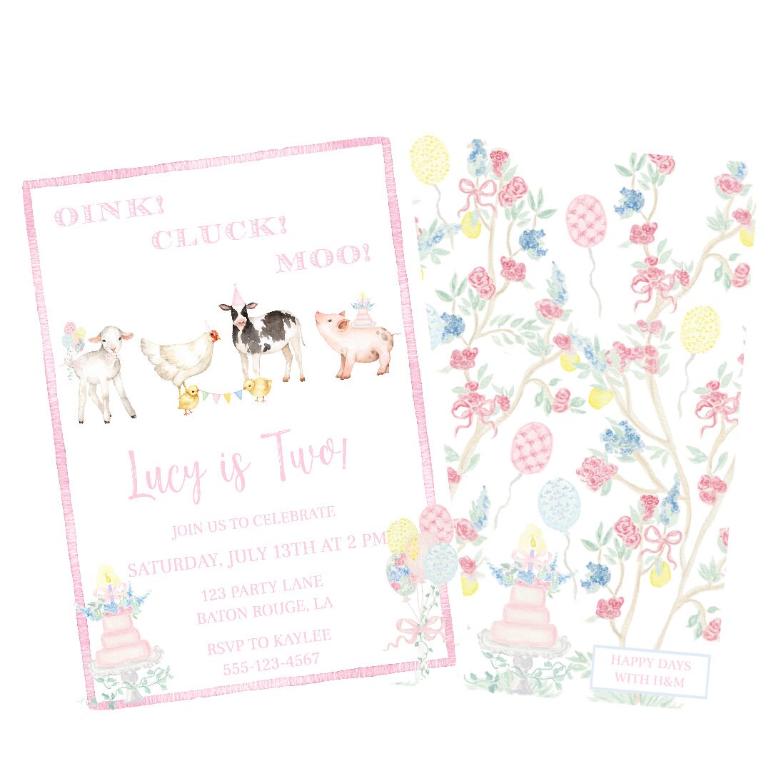 Farm Animals Birthday Invitation | Pink | Girl | Preppy | Watercolor ...