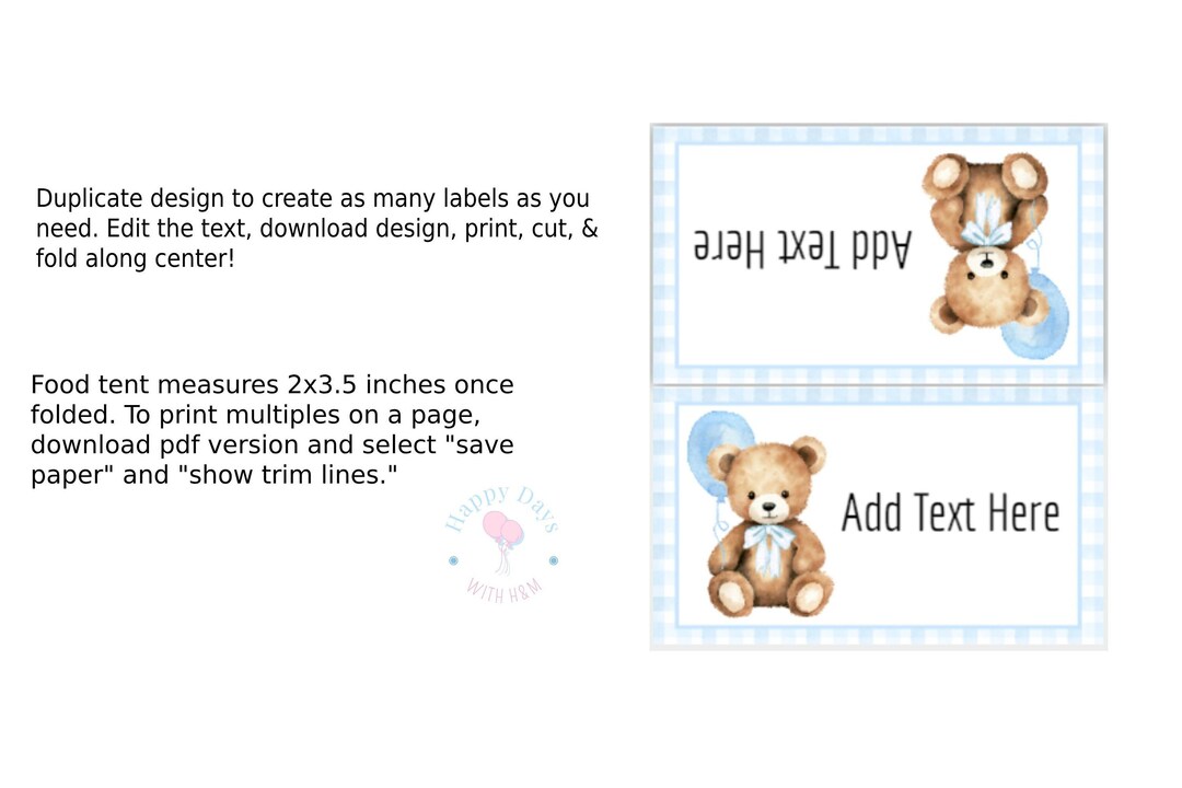 Teddy Bear Food Tents Beary First Blue Food Labels Printable Digital ...
