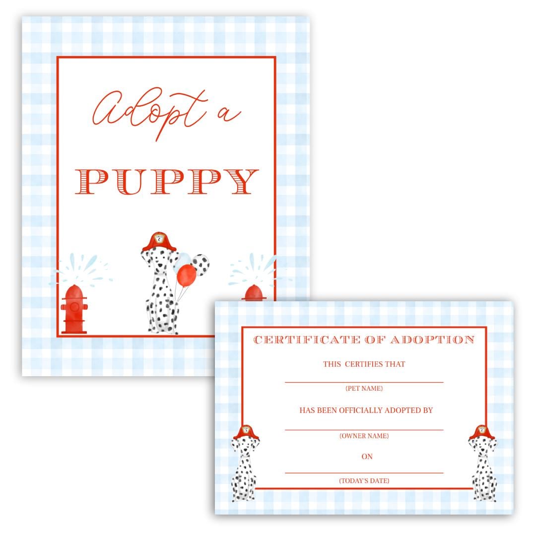Firefighter Adopt a Puppy Sign | Dalmation | Watercolor | Boy Birthday ...
