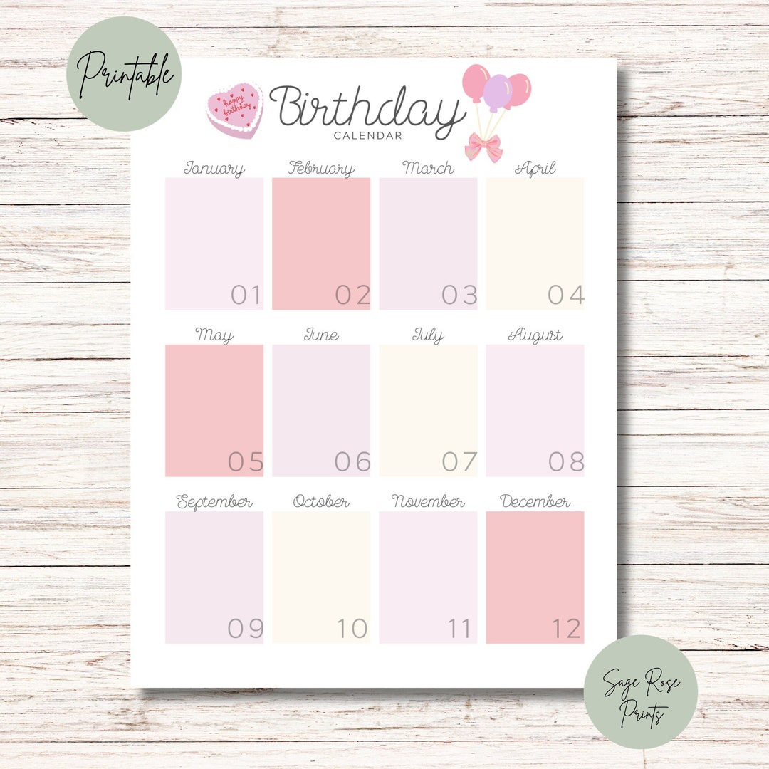 Printable Pastel Pink Birthday Calendar Elegant Organizer, DIY Calendar ...