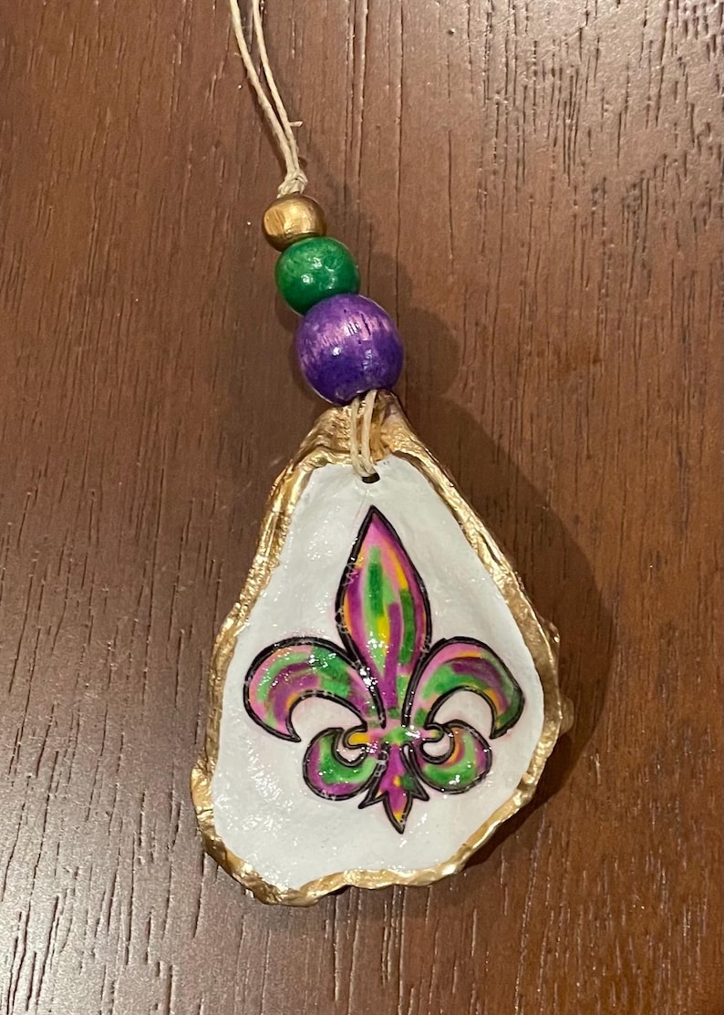 Mardi Gras Fleur De Lis Decoupaged Oyster Shell Ornament - Item # 3002 ...