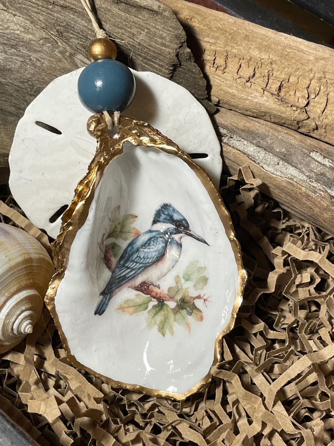 King Fisher Decoupaged Oyster Shell Ornament - Etsy