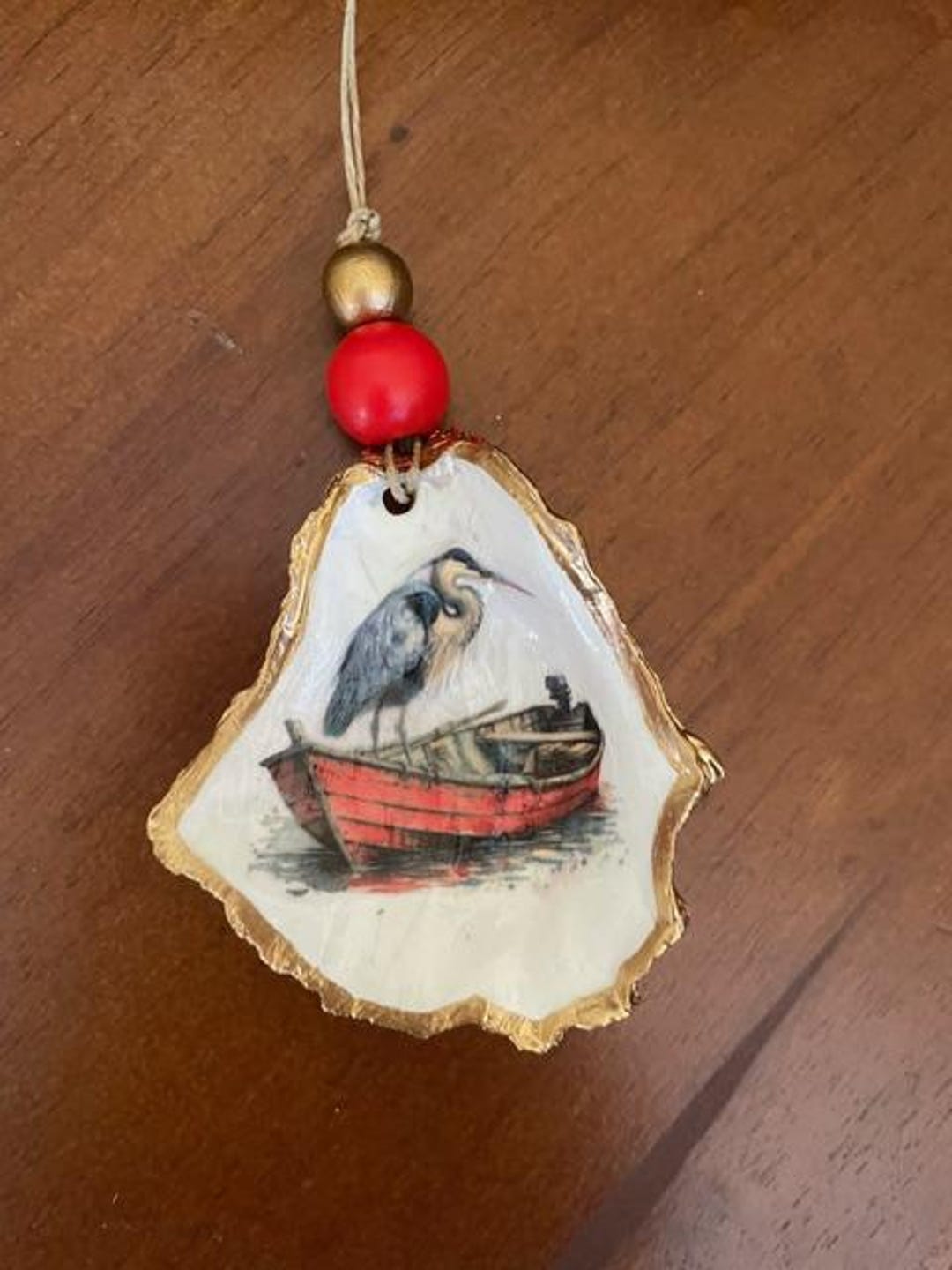 Heron in a Boat - Decoupaged Oyster Shell Ornament - Item #1015 - Etsy
