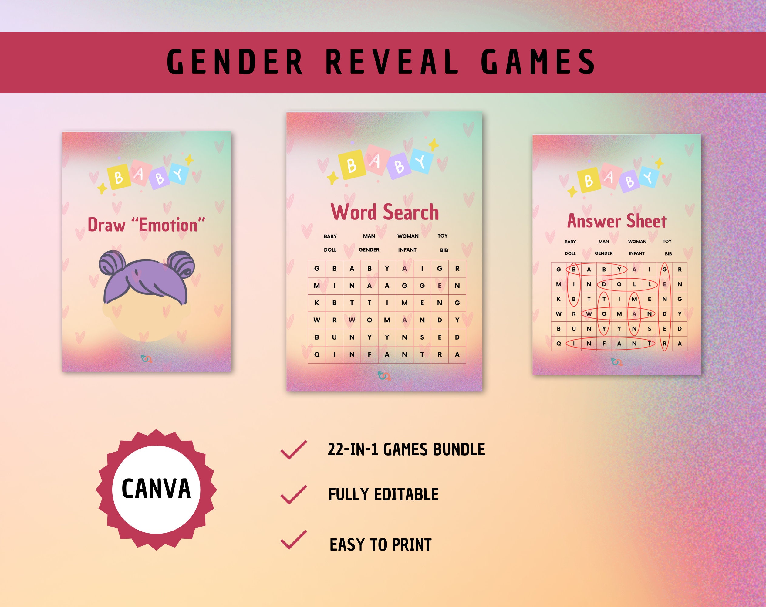 Editable Gender Reveal Bundle Printable Baby Predictions Games for a ...