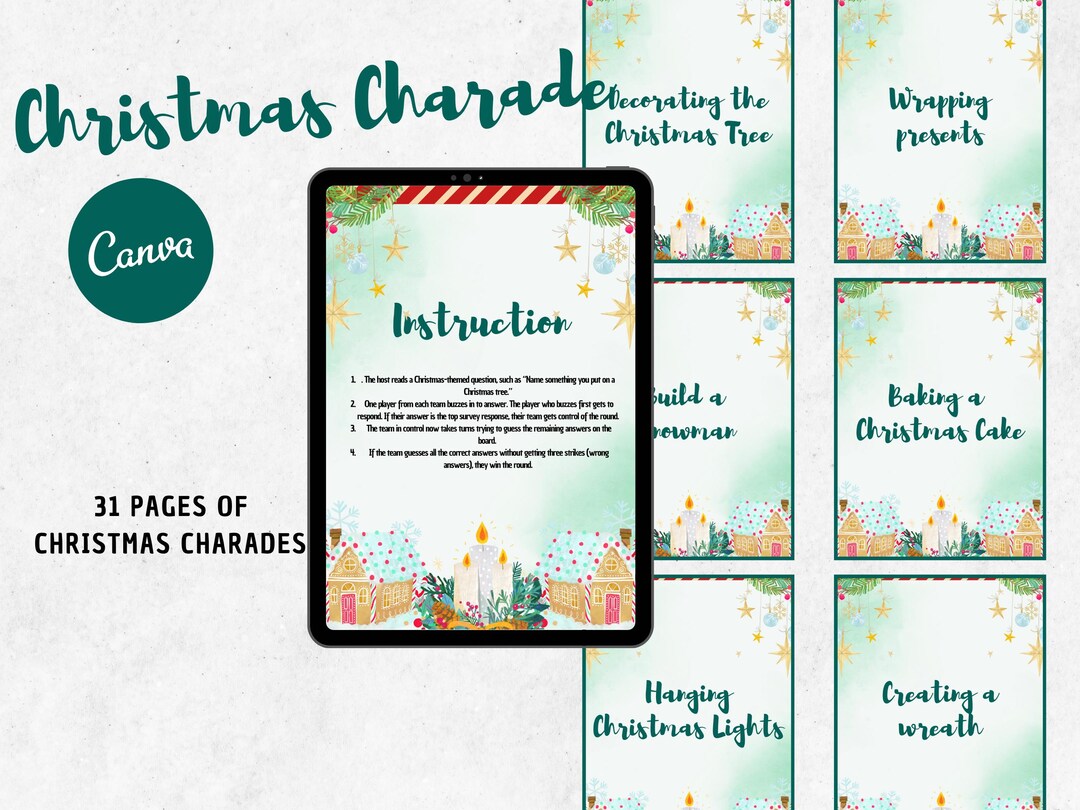 30 Printable Xmas Charade Cards for Families Green Christmas Trivia ...