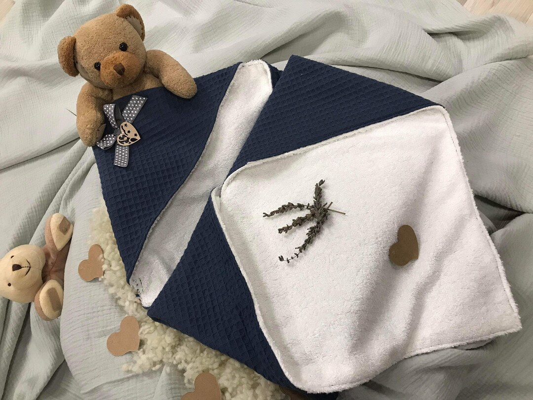 Baby Bath Cape Lined in Denim Blue Pique-embossed Cotton and Bamboo ...