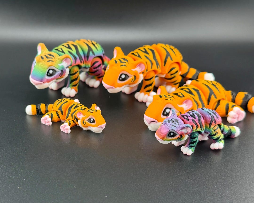 3D Printed Articulated Tiger Fidget Toy - Desk Pet - Rainbow or Orange ...