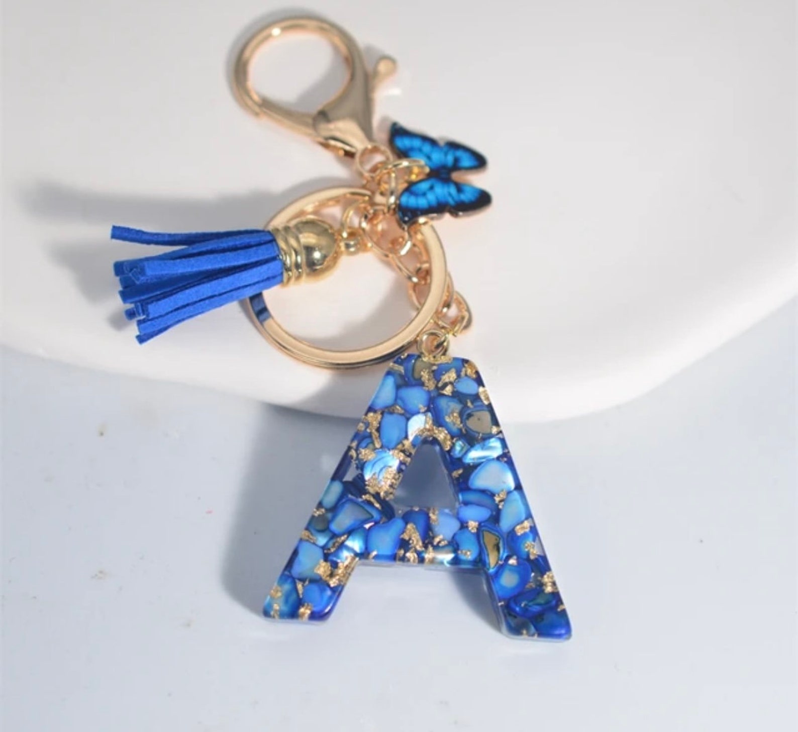 Blue Glazed Resin Stone A to Z Initials Resin Keychain With Butterfly ...
