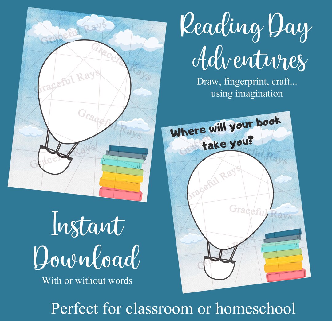 Reading Day Printable. Hot Air Balloon. Draw or Fingerprint Art. - Etsy