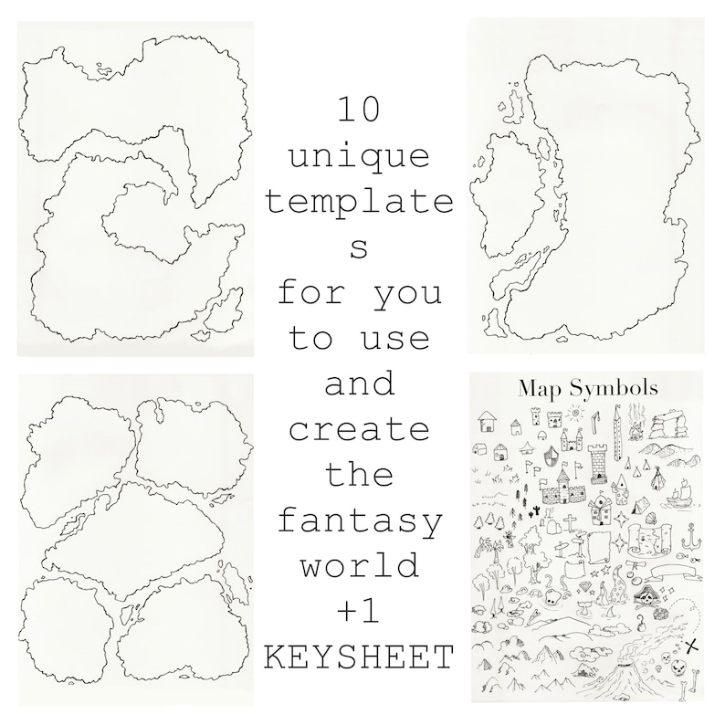 10 Map Templates 1 Key Sheet, Fantasy World Map Templates, Draw It ...