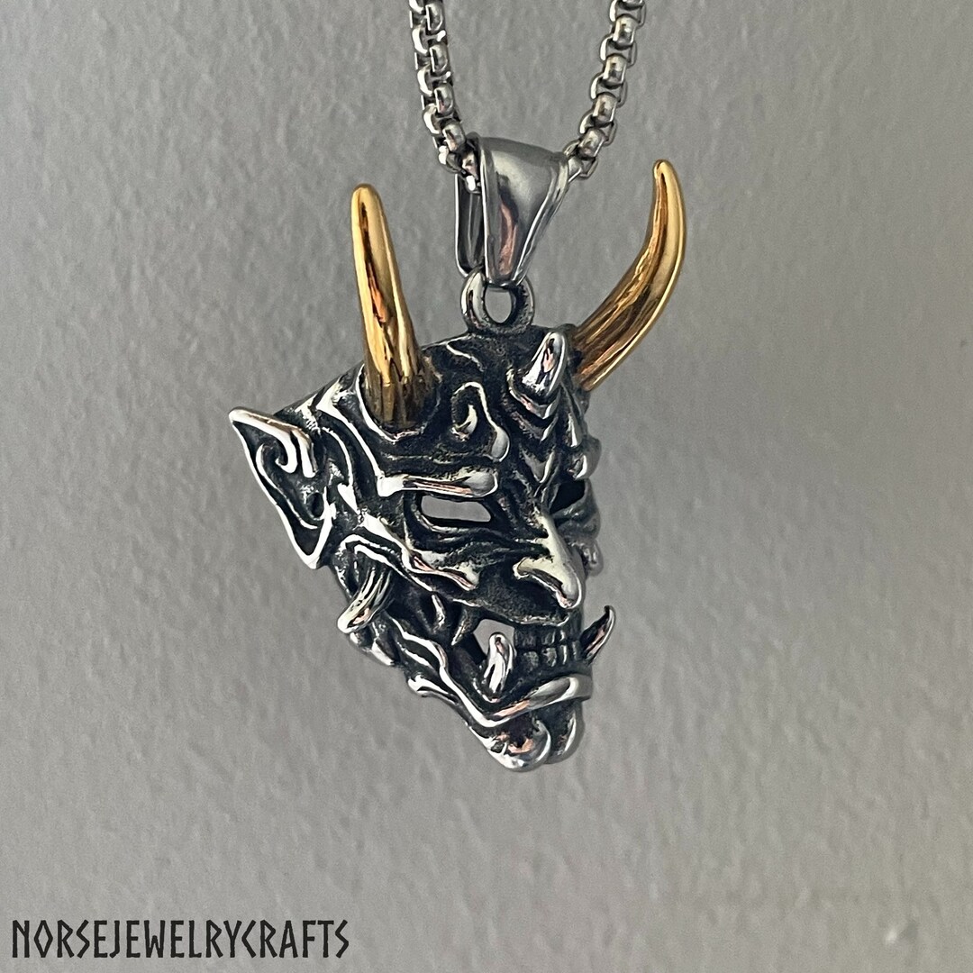 Japanese Demon Necklace Medieval Hannya Oni Pendant Oni Mask Samurai ...
