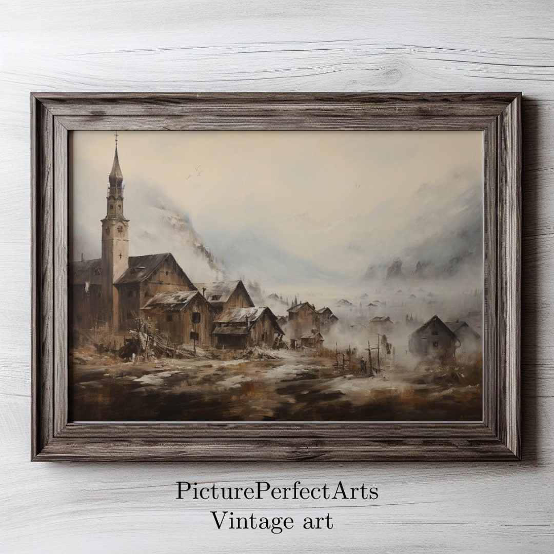 Printable Old Village Rustic Oil Painting, Monotone Colour, Vintage Oil ...