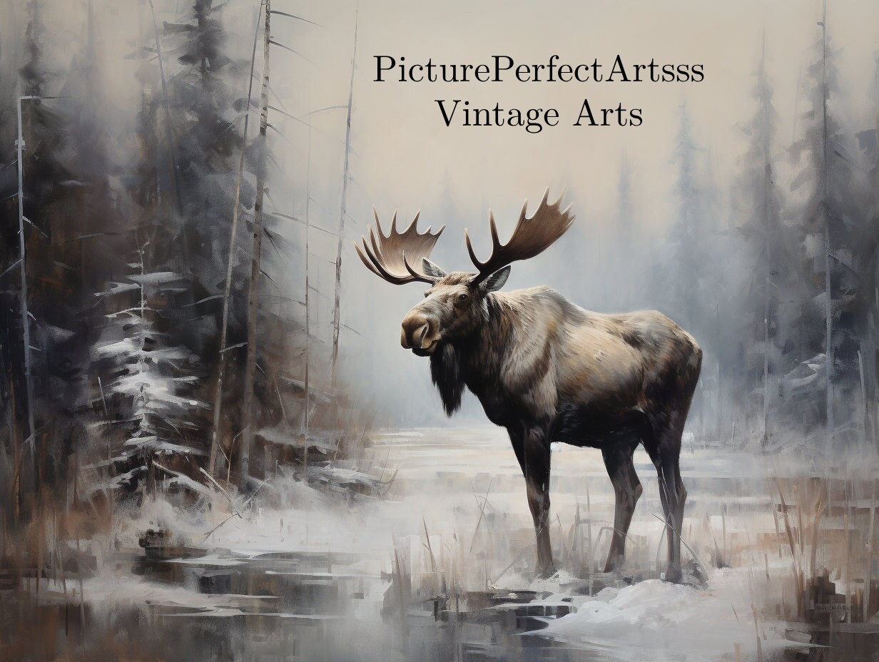 Digital Download Rustic Oil Painting of A Moose in A Winter Forest ...