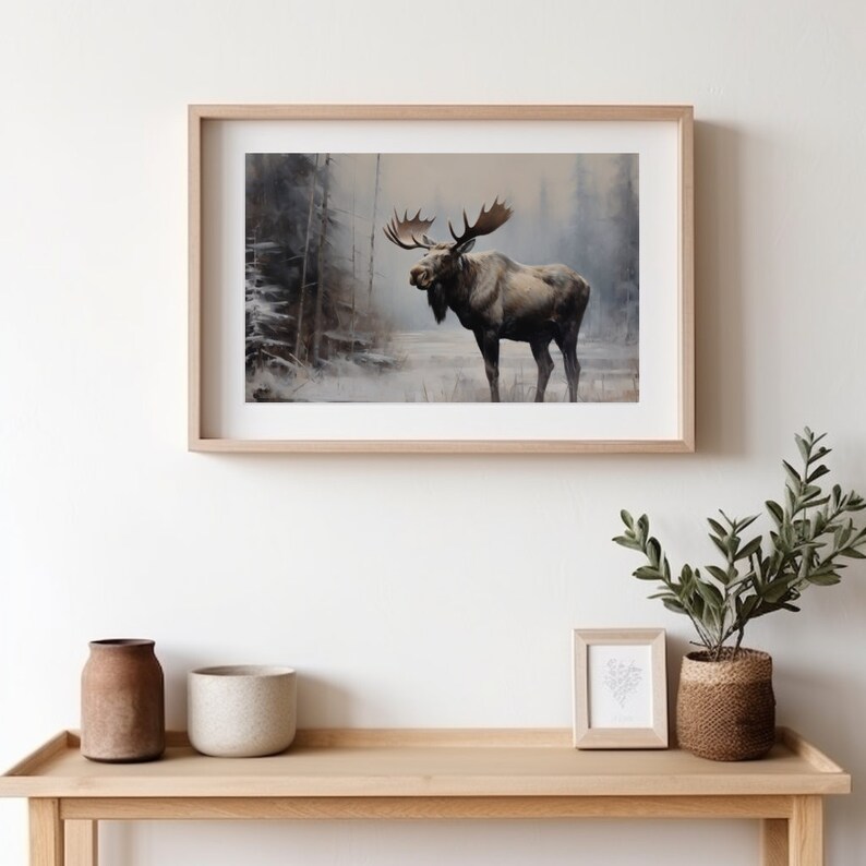 Digital Download Rustic Oil Painting of A Moose in A Winter Forest ...