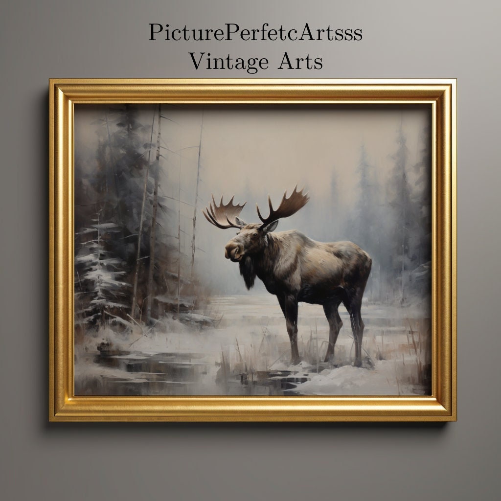 Digital Download Rustic Oil Painting of A Moose in A Winter Forest ...