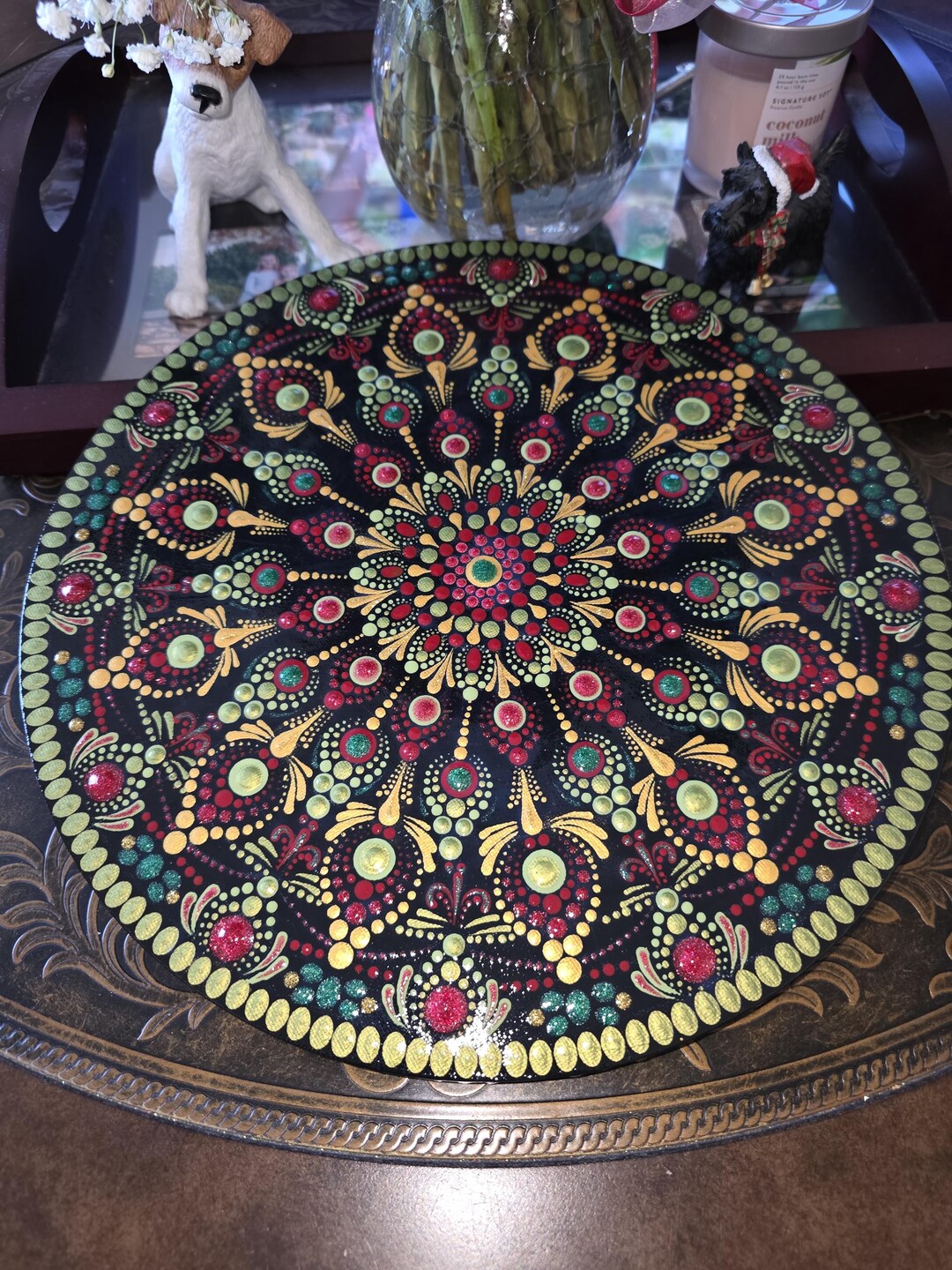 Twelve Inch Round Dotted Mandela Gorgeous Burgundy and Gold Colors ...