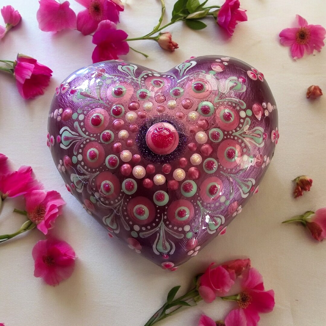 Puffy Heart 3x3 Inch Hand Moulded Stone With a Dot Mandala Design ...
