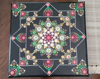 Dot Art Mandala, 8x8 Inch Square Stretched Canvas - Aqua and Turquoise ...