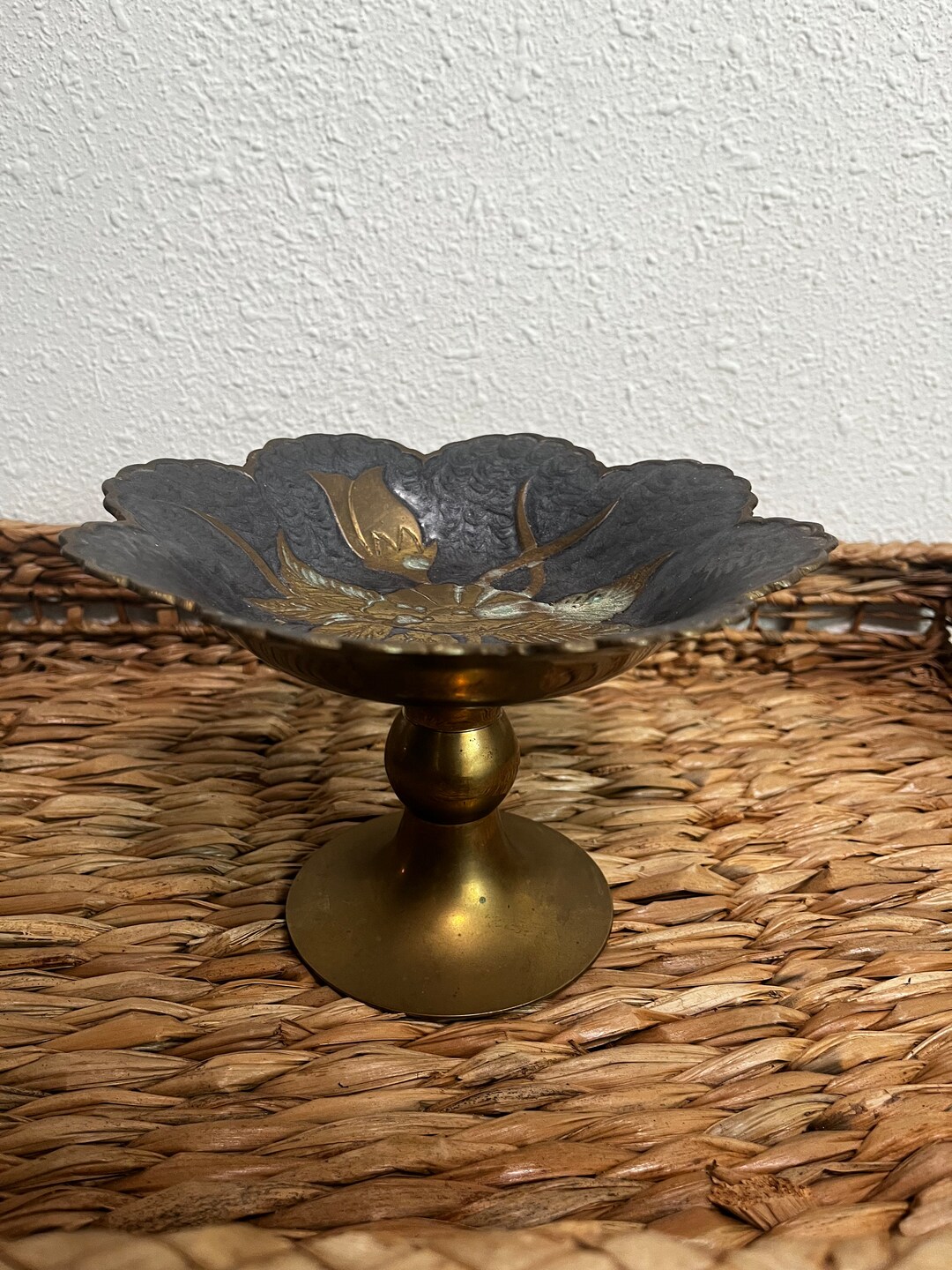 Vintage Brass Compote Candy Pedestal Dish W/ Floral Center | Brass ...