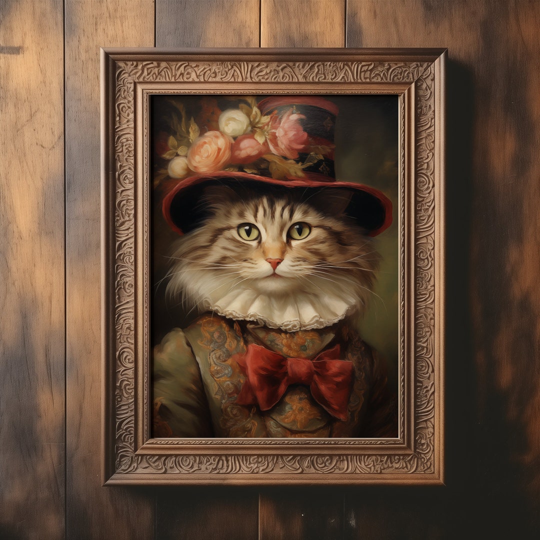 Victorian Cat, Classy Dressed Cat Portrait, Cat Wearing Flower Hat in ...