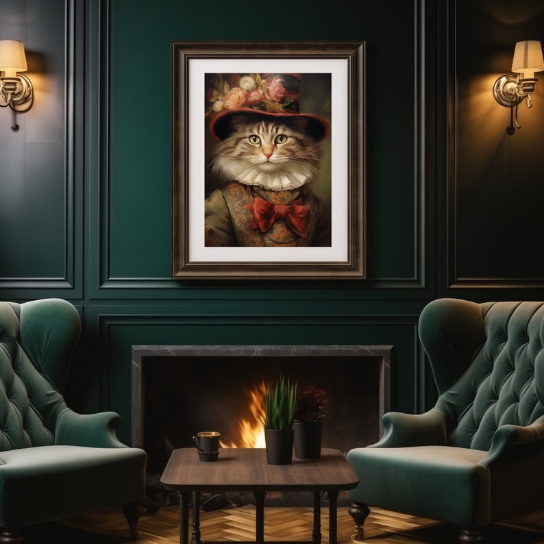 Victorian Cat, Classy Dressed Cat Portrait, Cat Wearing Flower Hat in ...