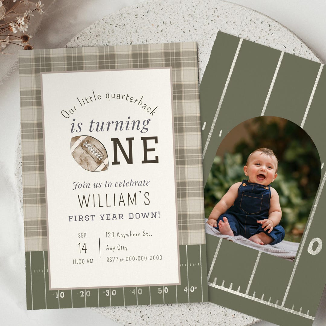 Boy First Down Birthday Evite 1st Year Theme Football Invite Boys ...