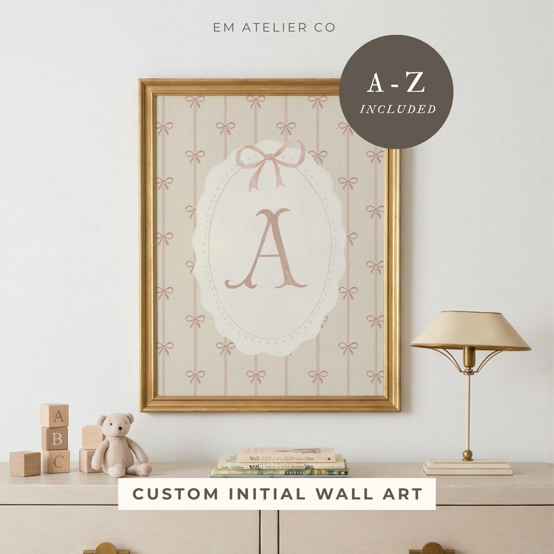 Coquette Bow Monogram Wall Art Printable, Pink Nursery Letter Decor ...