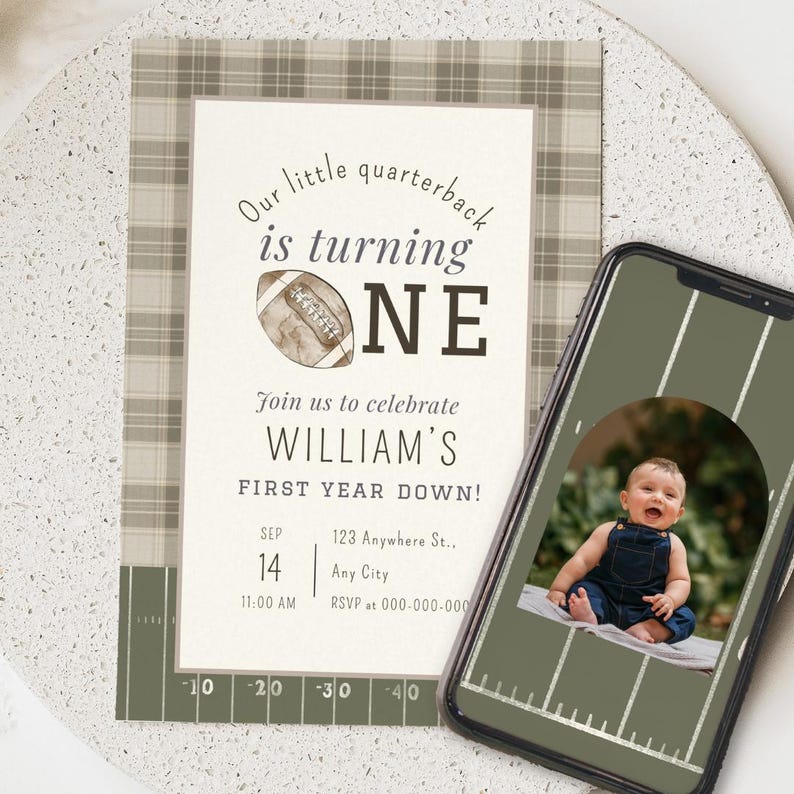 Boy First Down Birthday Evite 1st Year Theme Football Invite Boys ...