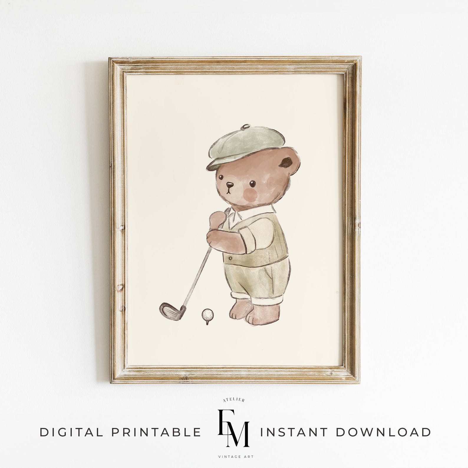 Vintage Golf Teddy Bear Wall Art Set of 5 Watercolor Illustrations Golf ...