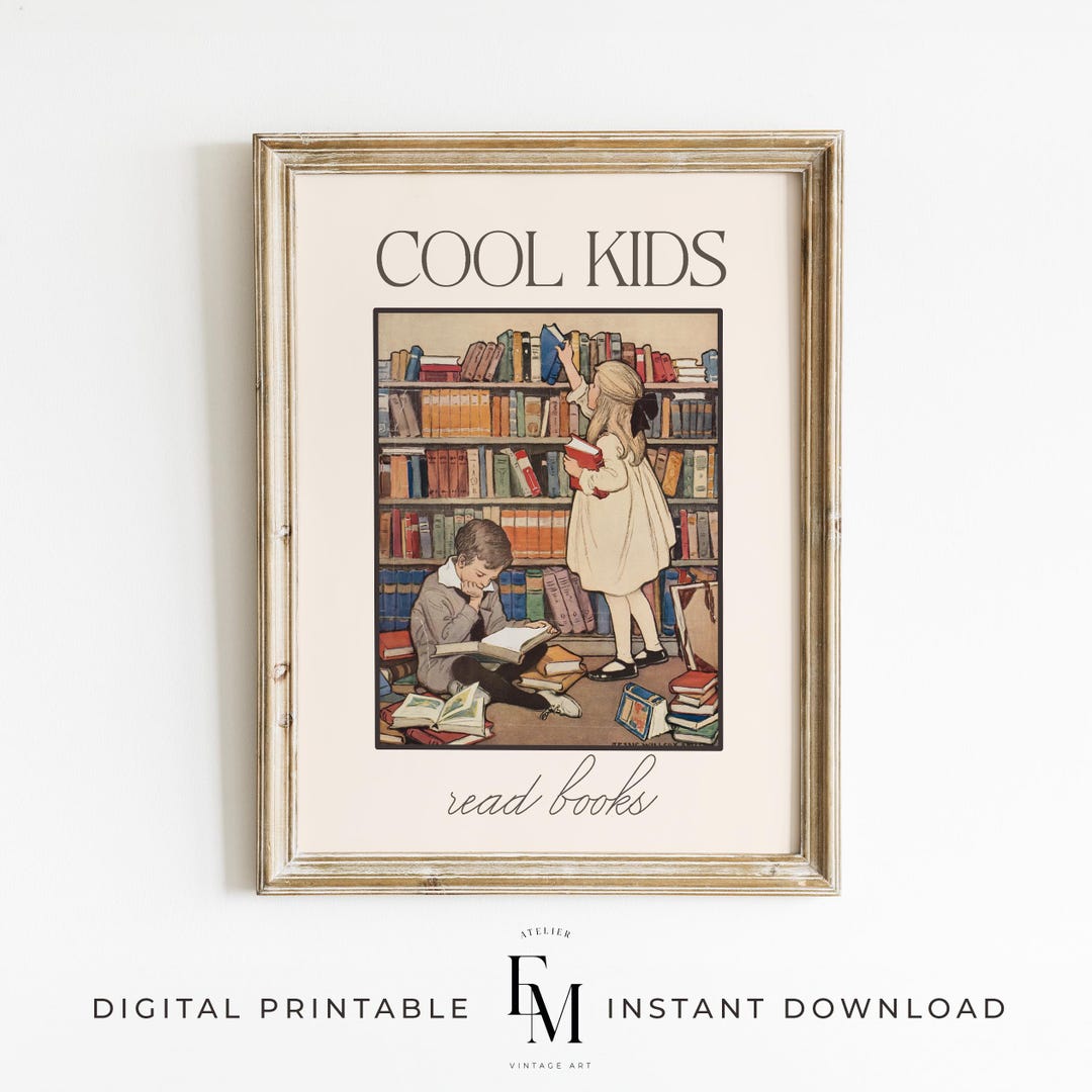 Antique Cool Kids Read Books Print Cool Kids Reading Corner Art Beige ...